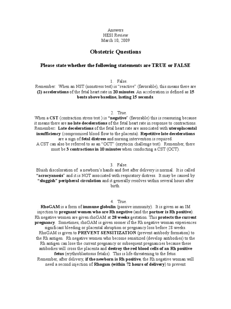 Obstetric Questions: Please State Whether The Following Statements Are ...