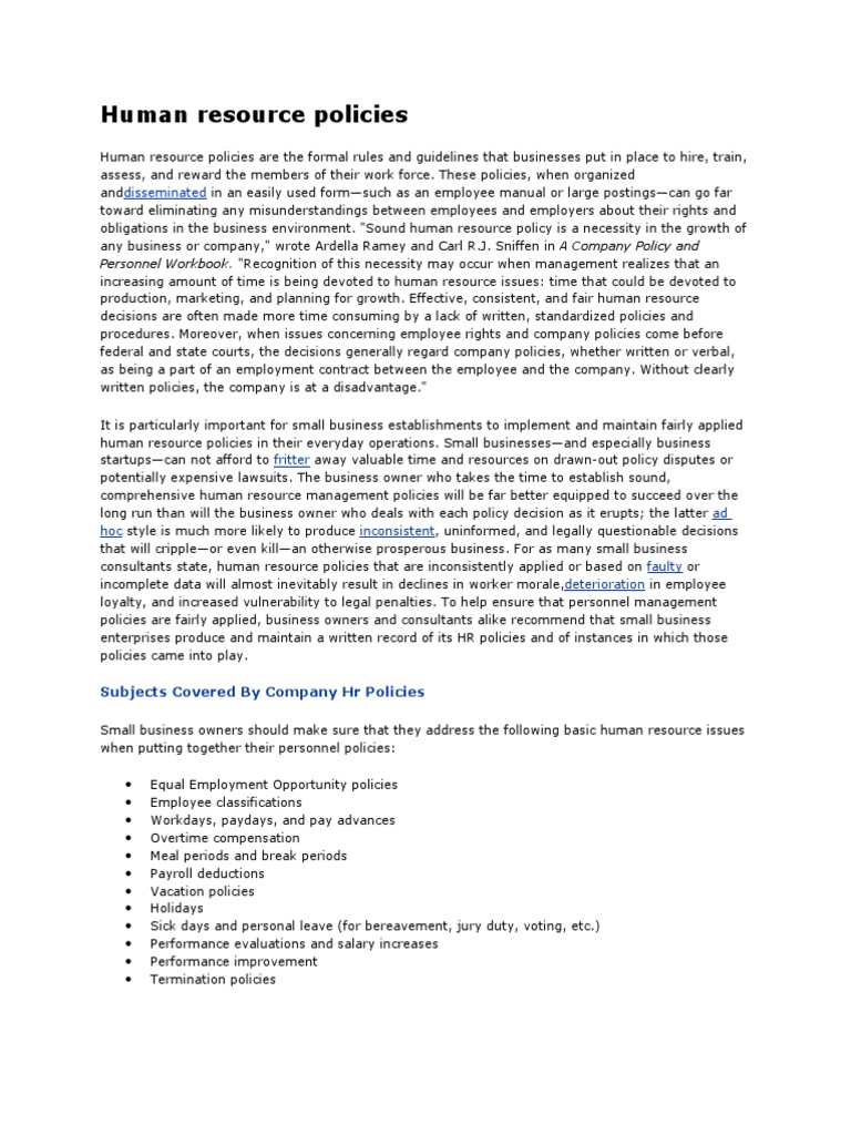 Essential HR Policies for Small Businesses | PDF | Human Resource ...