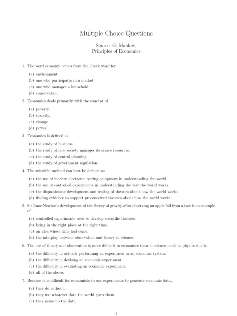 Multiple Choice Questions: Source: G. Mankiw, Principles of Economics | PDF