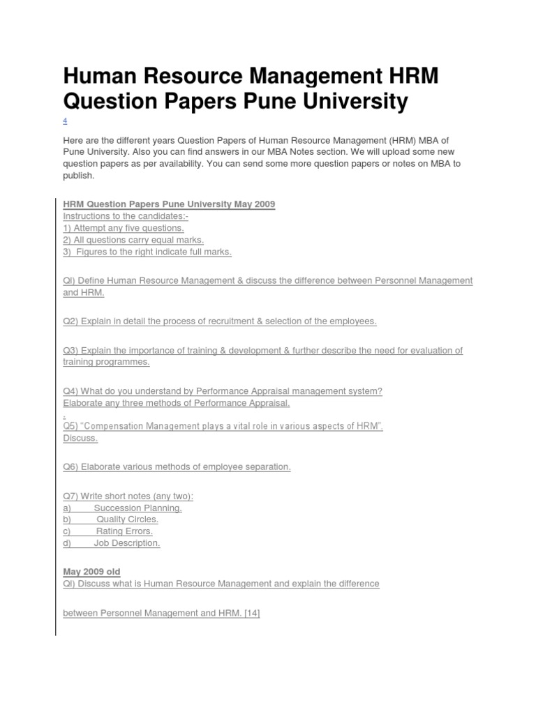 Human Resource Management HRM Question Papers Pune University | PDF ...