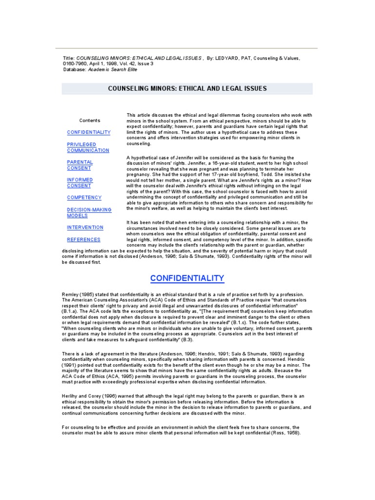 Counseling Minors - Ethical and Legal Issues | PDF | Confidentiality ...