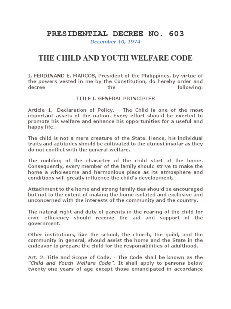 PD 603- Child and Youth Welfare Code | Legal Guardian | Child Custody