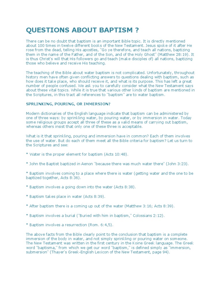 Questions About Baptism ?: Sprlinking, Pouring, or Immersion? | PDF ...
