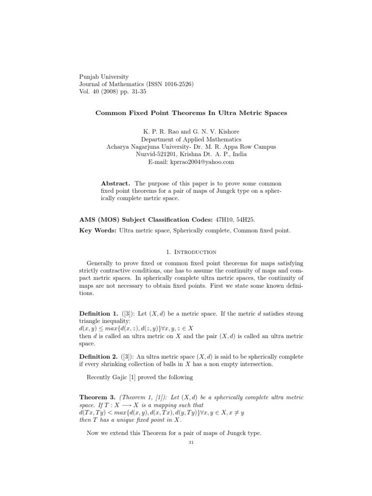 Common Fixed Point Theorems in Ultra Metric Spaces | PDF | Metric Space | Metric (Mathematics)