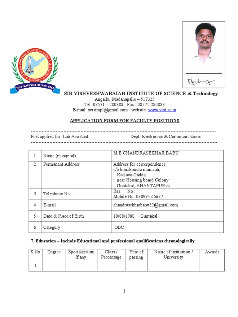 Sir Vishveshwaraiah Institute of Science & Technology: Application Form ...