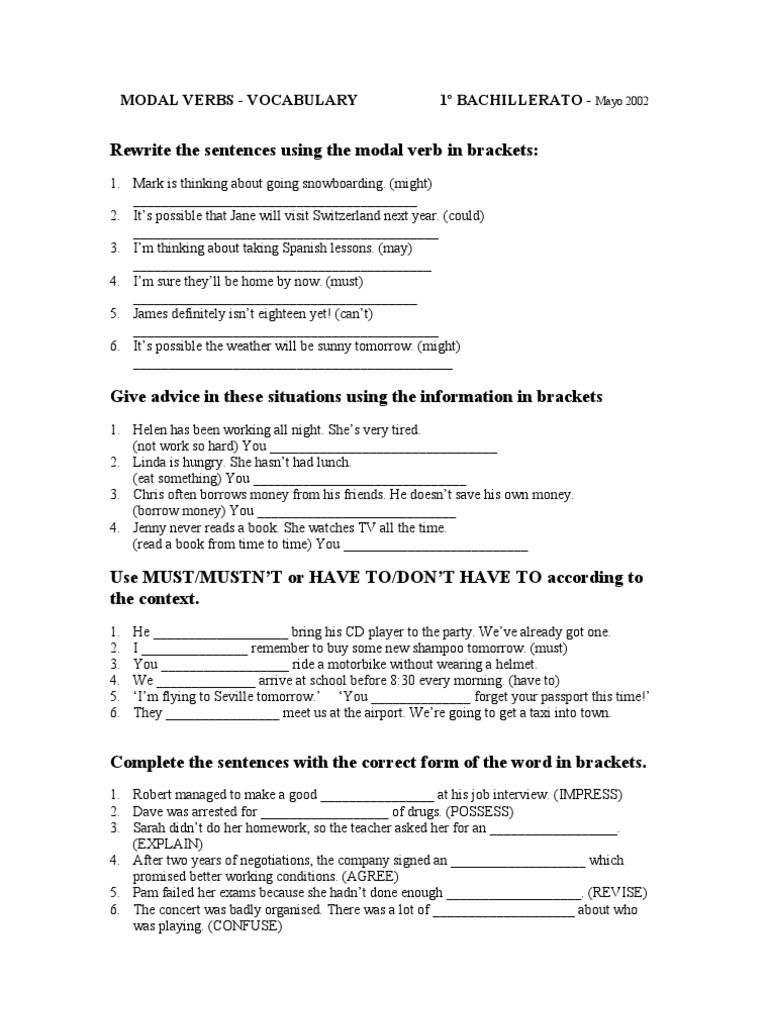 Modal Verbs Exercises for 1st Bachillerato | PDF | Verb