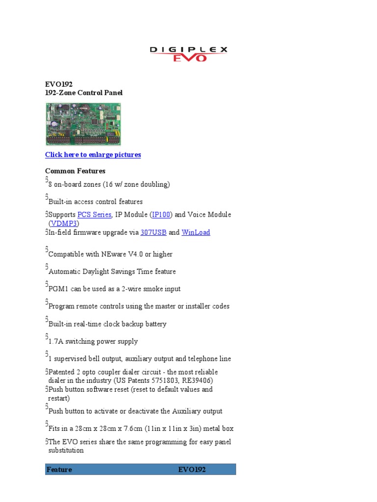 EVO192 192-Zone Control Panel Features | PDF | Computers