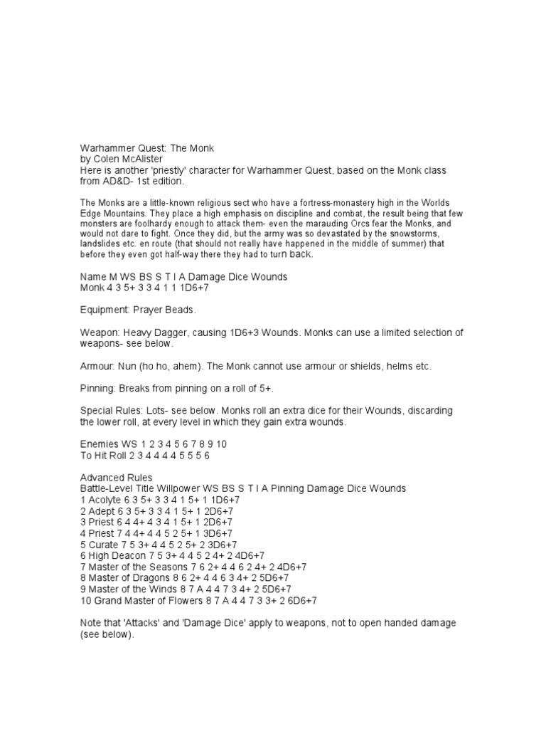 Warhammer Quest: Monk Character Guide | PDF | Leisure