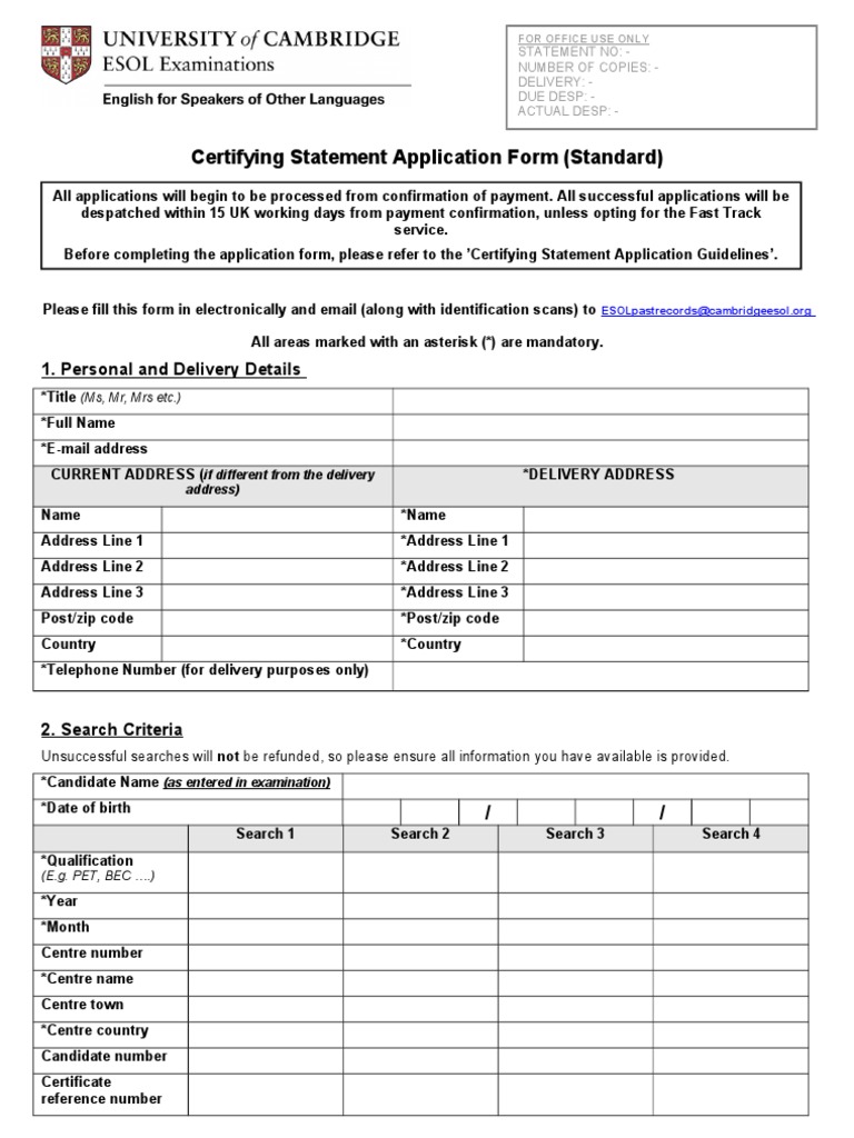 Certifying Statement Application Form (Standard) : 1. Personal and ...