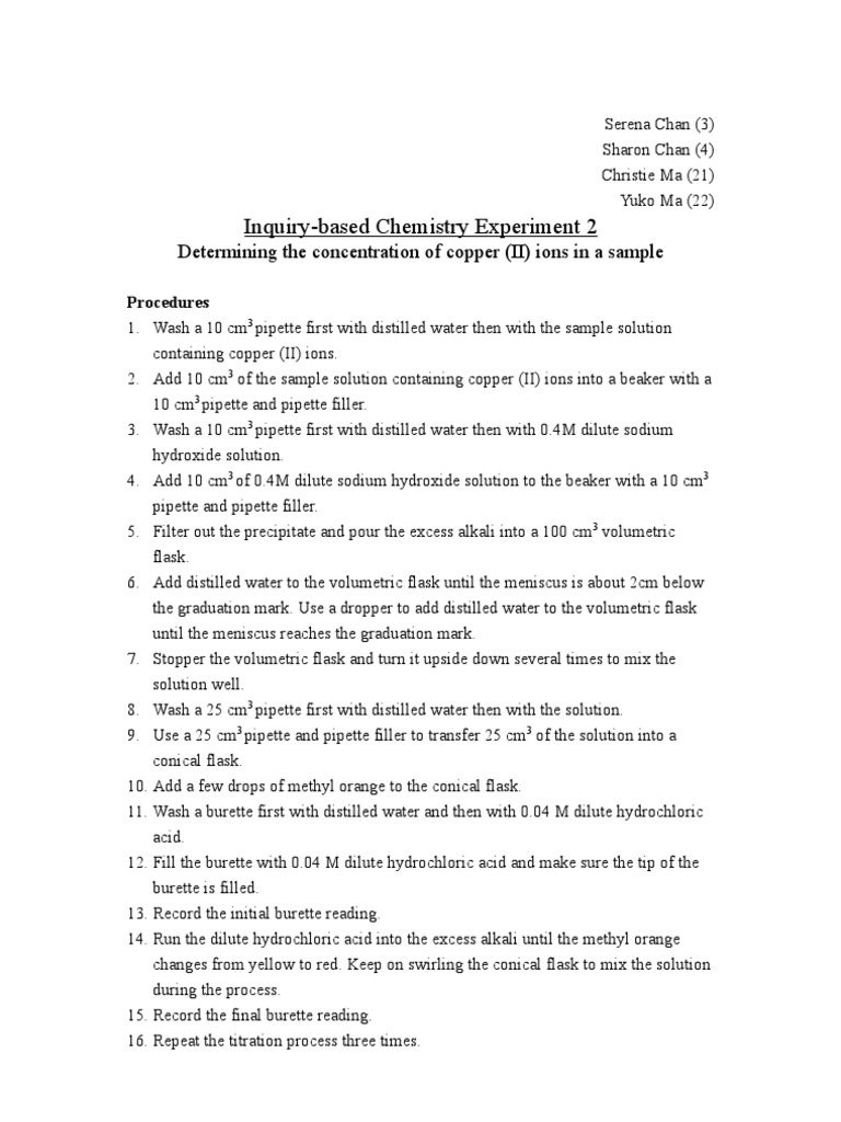 Inquiry-Based Chemistry Experiment 2: Determining The Concentration of ...