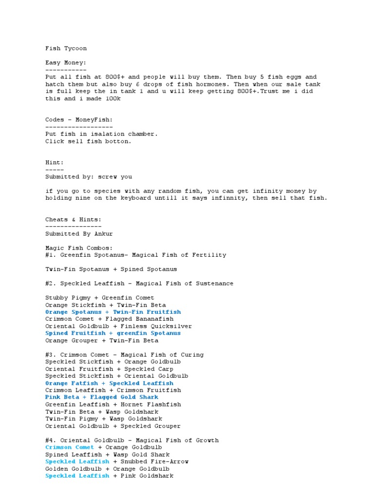Magic Fish Combos For Fish Tycoon Game | PDF | Sharks | Fish
