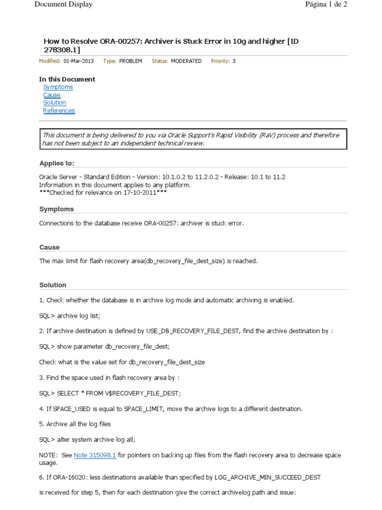 Resolving ORA-00257 Archiver Error | PDF | Oracle Database | Data Management