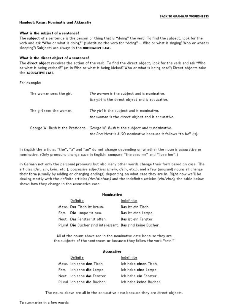 Nominative and Accusative Cases Explained | PDF | Subject (Grammar ...