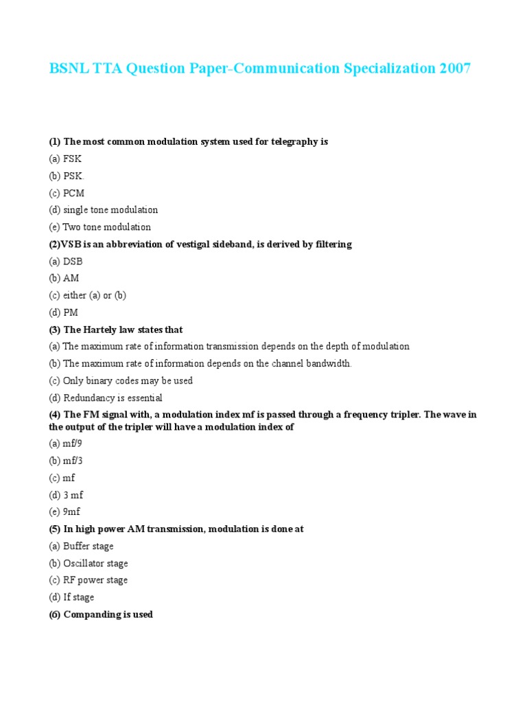 BSNL TTA Question Paper-Communication Specialization 2007 | PDF | Frequency Modulation | Waveguide