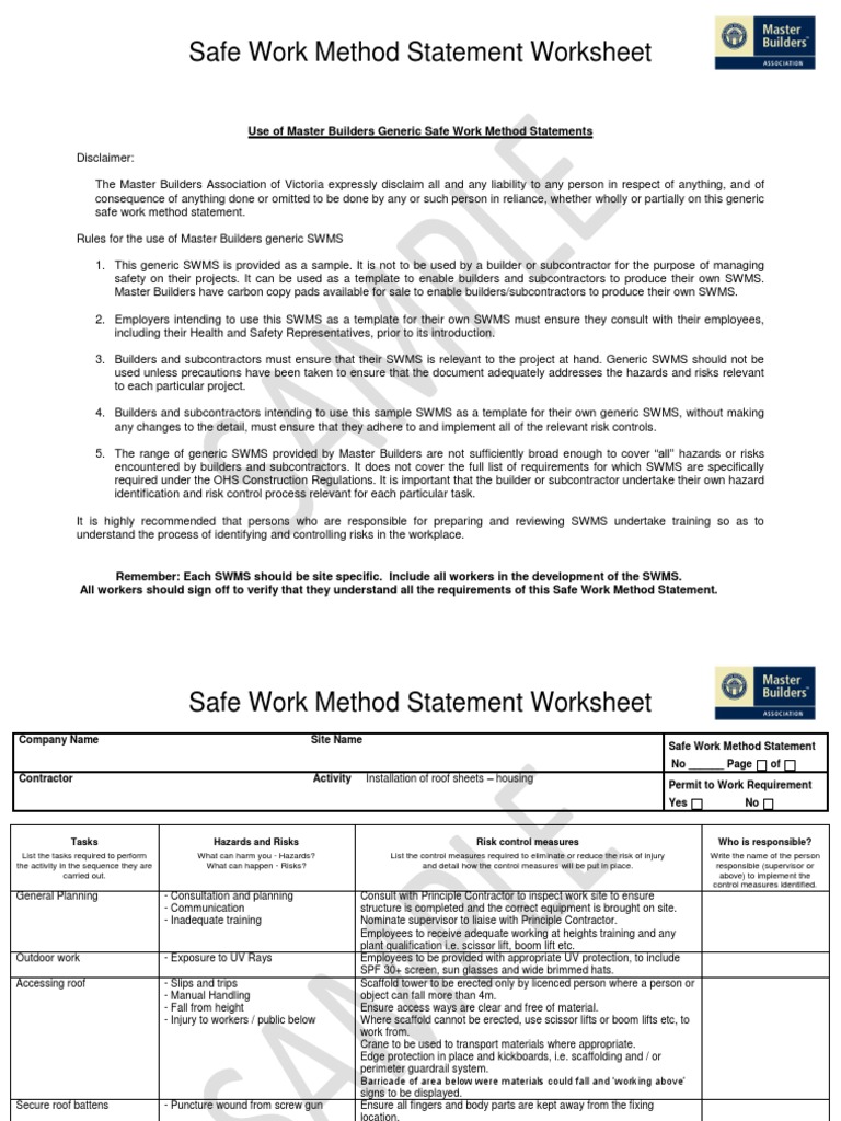 Safe Work Method Statement Worksheet | PDF | Occupational Safety And ...
