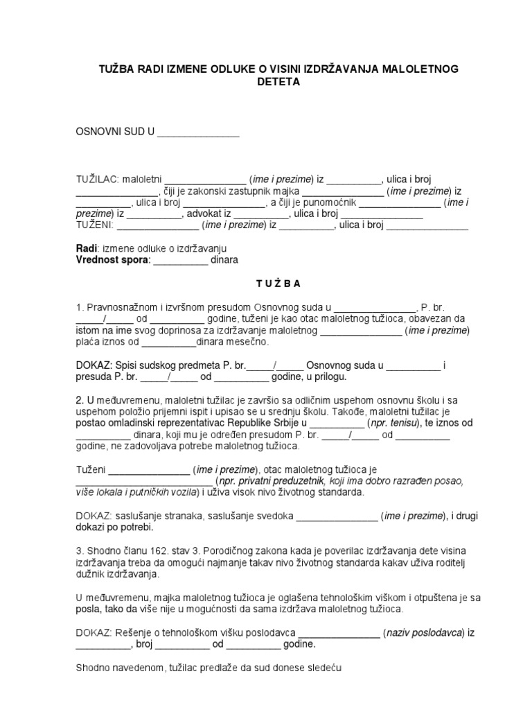 Tuzba Radi Izmene Visine Izdrzavanja Maloletnog Deteta | PDF
