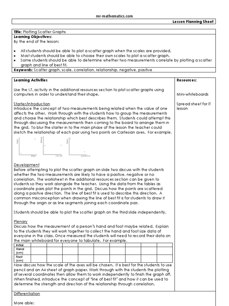 Scatter Graphs Lesson Plan | PDF | Scatter Plot | Lesson Plan