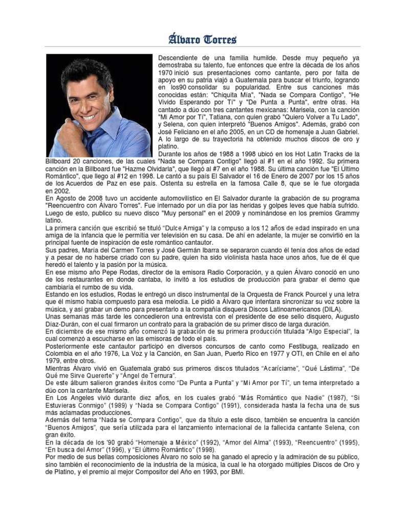 Álvaro Torres: Trayectoria y Éxitos | PDF | Industria de la música ...