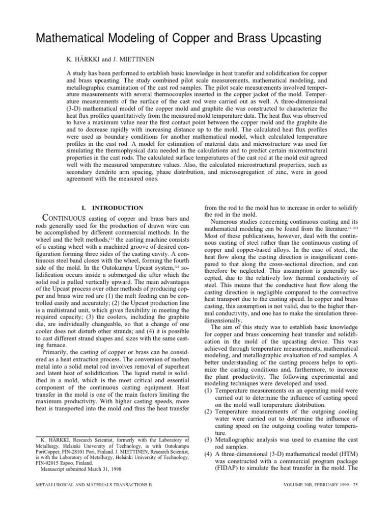Mathematical Modeling of Copper and Brass Upcasting | PDF | Casting ...