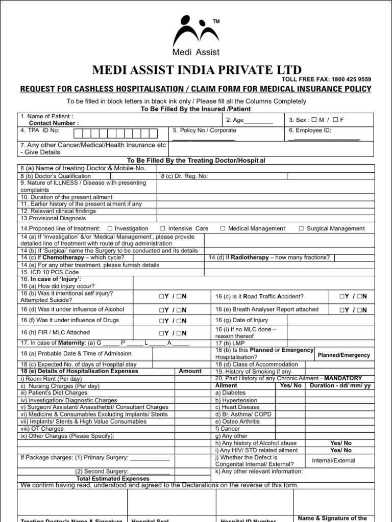 Cashless Form | PDF | Patient | Hospital