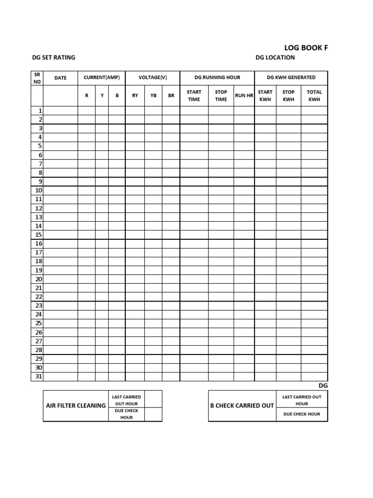 Log Book Format For DG Set Rating And Maintenance Records | PDF ...