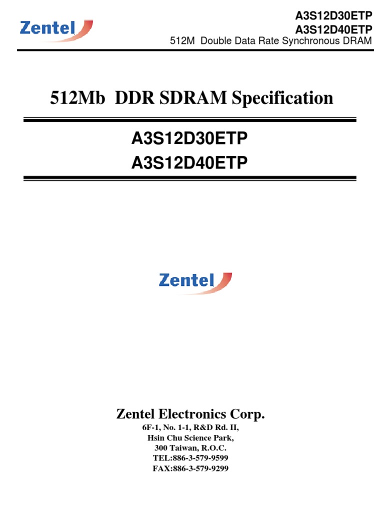 Specification Sheet for 512Mb DDR SDRAM Devices A3S12D30ETP and ...
