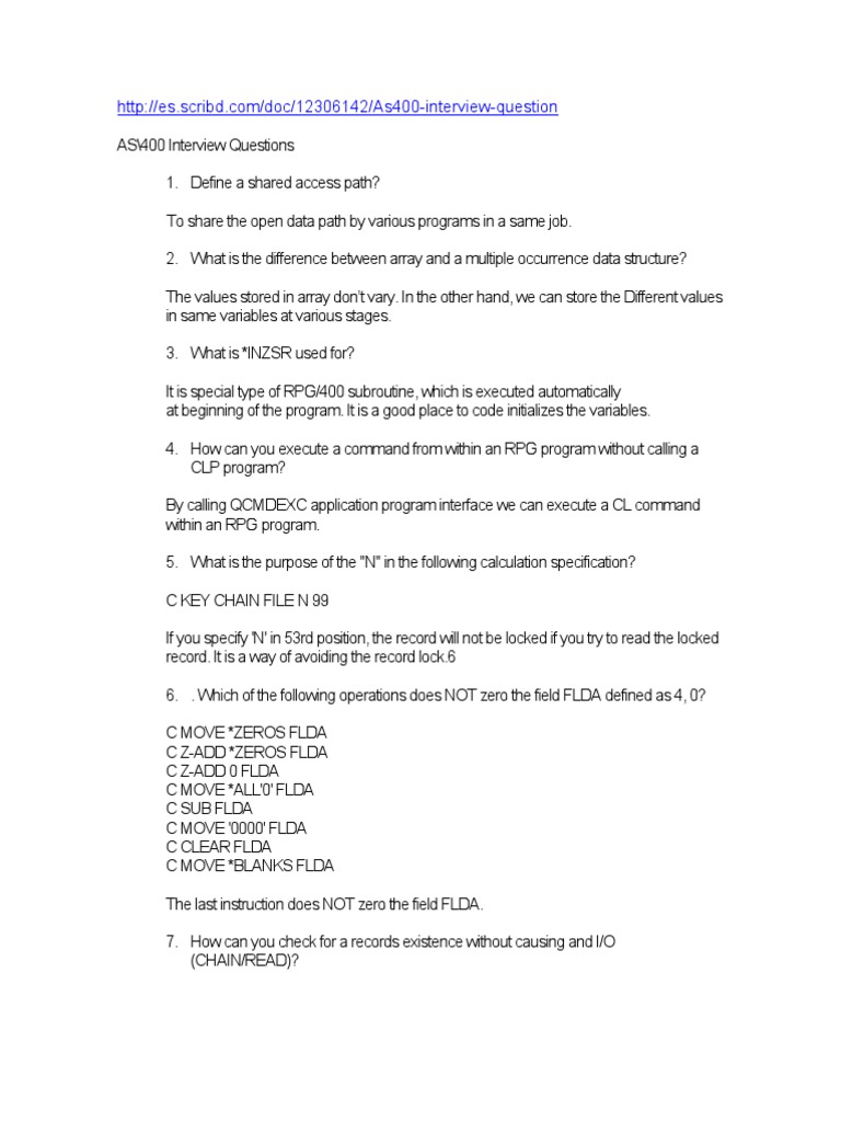 As400 Interview Questions Pdf C Programming Language Computer File 
