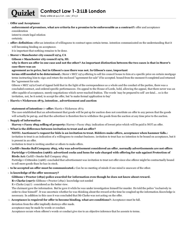 Contract Law Study Guide: Key Concepts of Offer and Acceptance | PDF ...