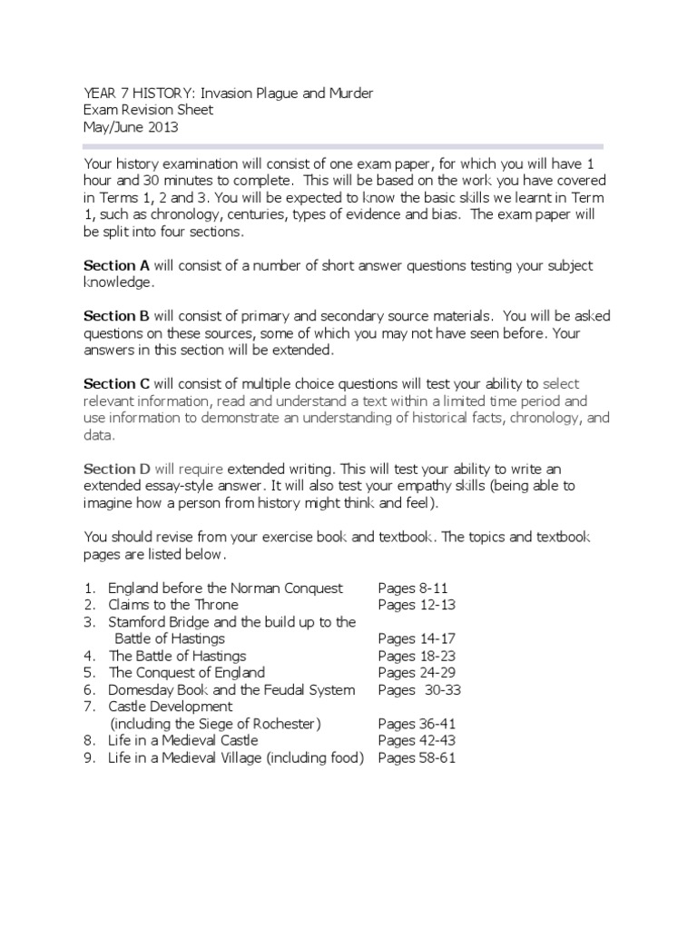 Year 7 History Exam Revision Guide | PDF | Multiple Choice | Test ...