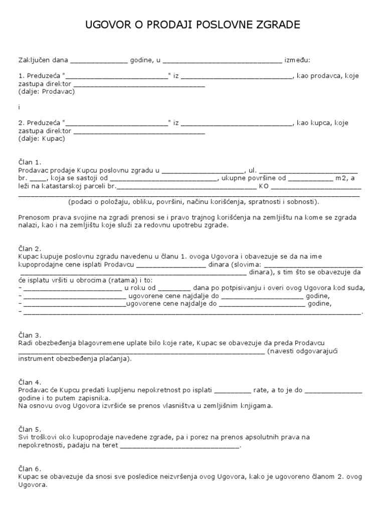 Ugovor o Prodaji Poslovne Zgrade Primer 1 | PDF