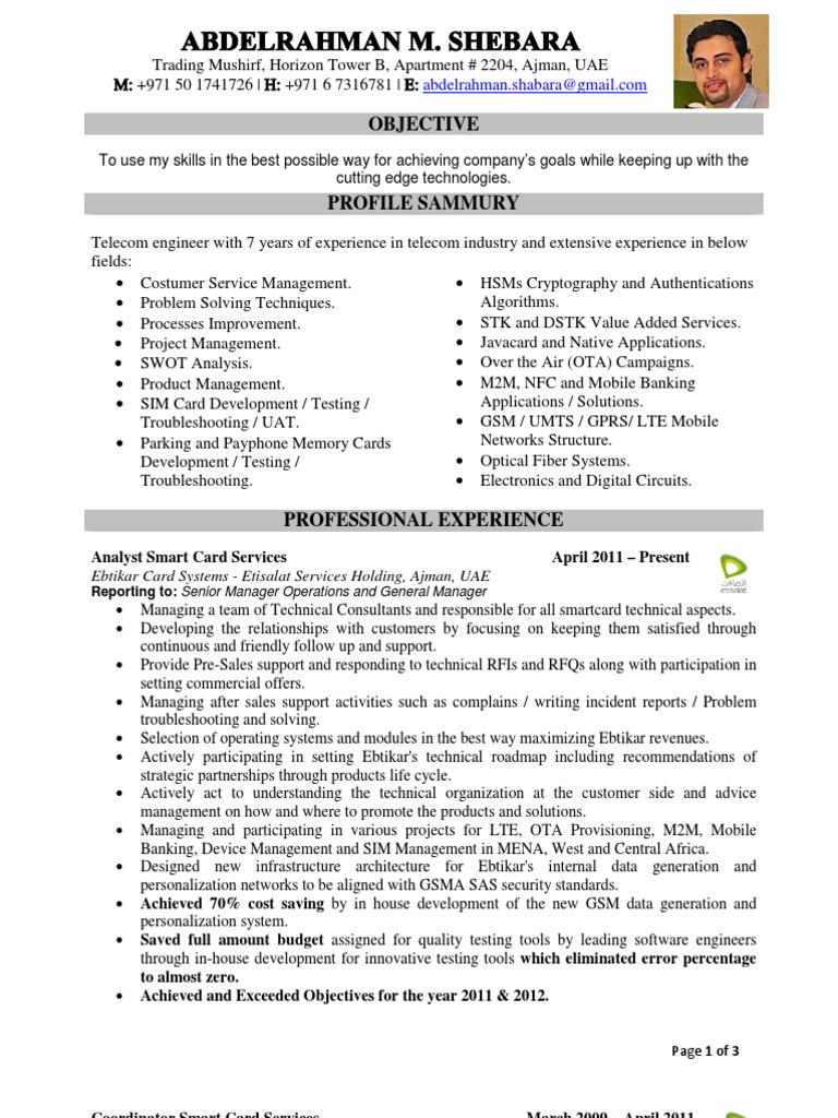 Abdelrahman M Shebara Resume | PDF | Gsm | Smart Card