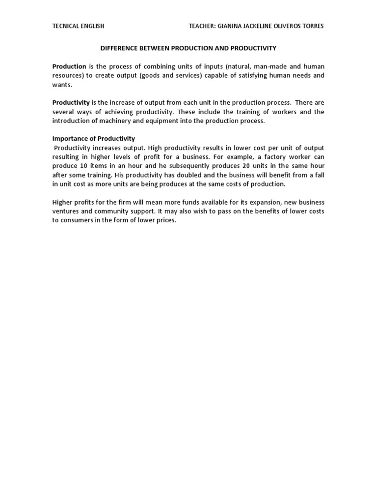 Difference Between Production and Productivity | PDF | Output ...