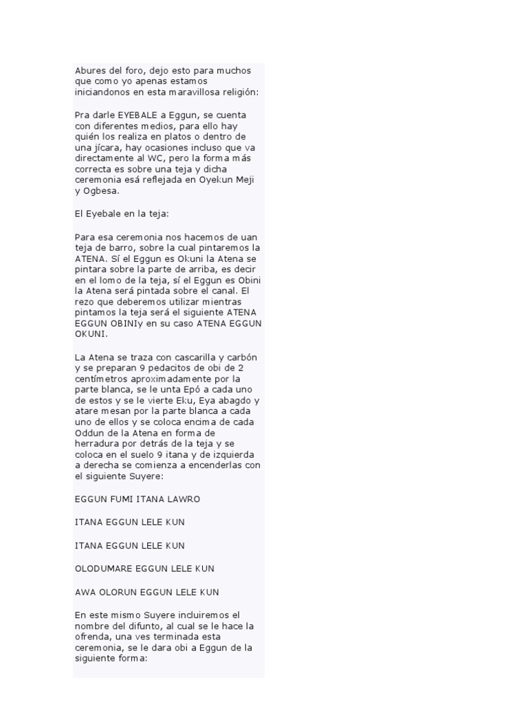 Oshe Bile Comida A Los Eggun | PDF | Religión étnica | Santeria