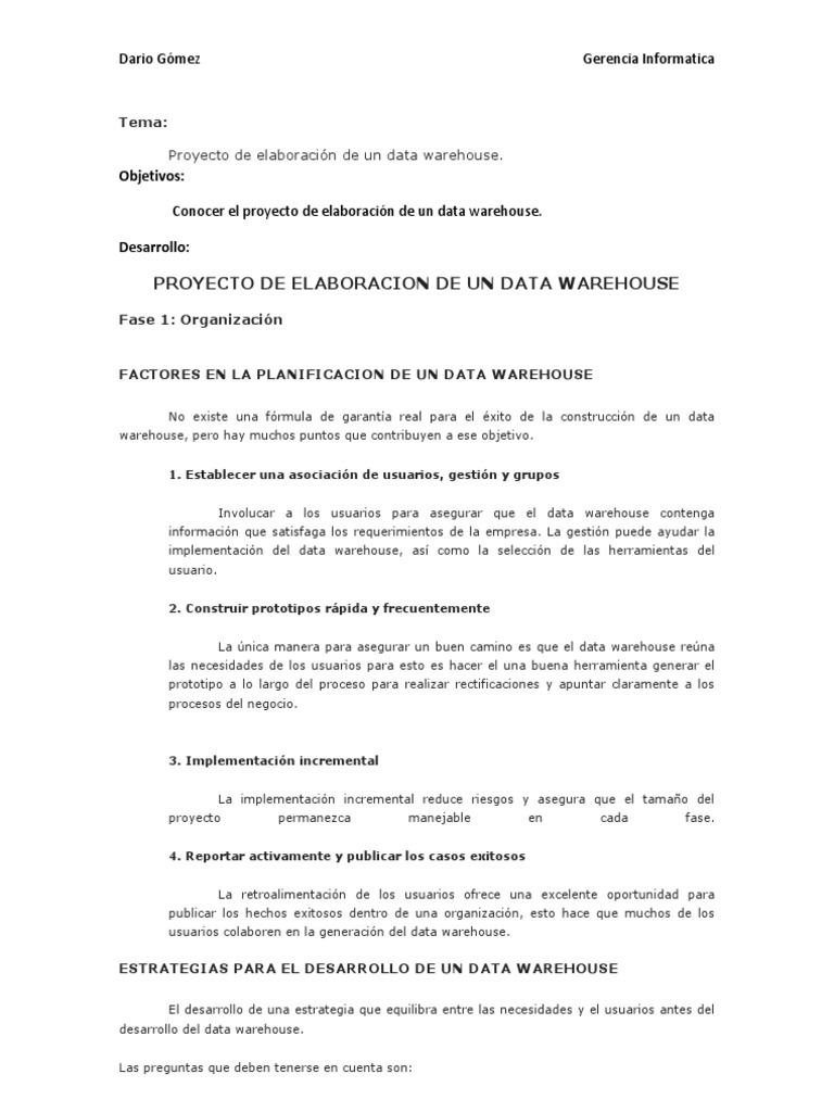 Proyecto de Elaboracion de Un Data Warehouse | Descargar gratis PDF | Almacén de datos | Software