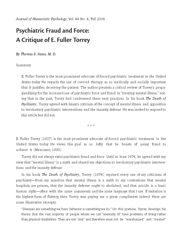 Psychiatric Fraud and Force: A Critique of E. Fuller Torrey | PDF ...