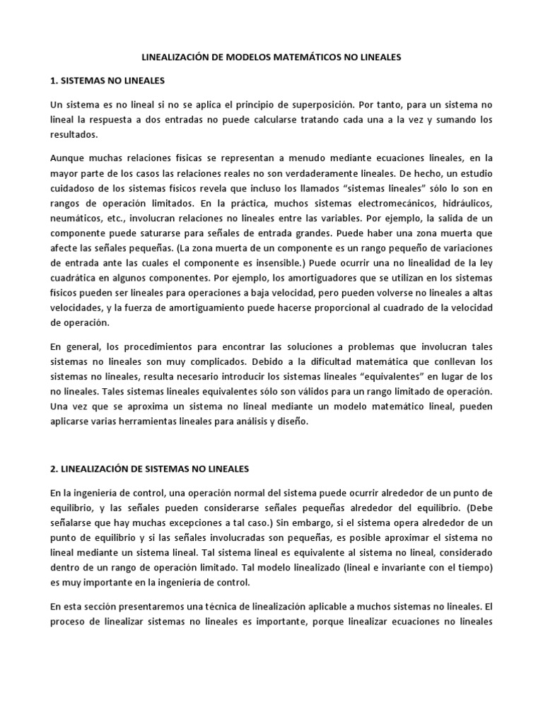 Linealización de Modelos Matemáticos No Lineales | PDF | Linealidad ...