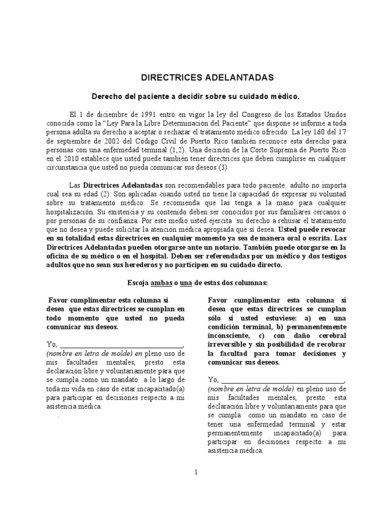 Directrices Anticipadas (Adelantadas) Puertorriquenas 2014 | PDF ...