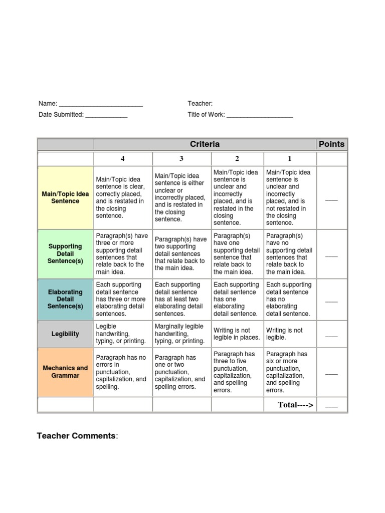 Criteria Points: Main/Topic Idea Sentence | PDF