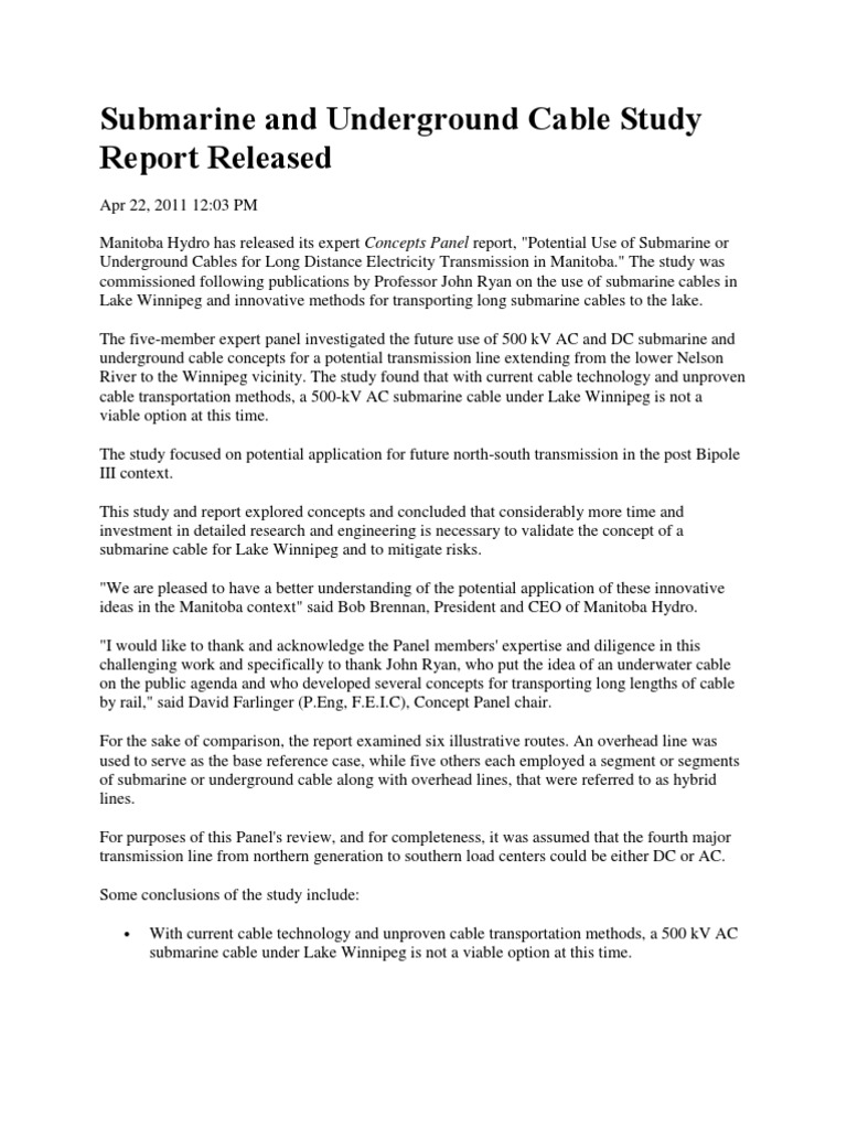 Submarine and Underground Cable Study Report Manitoba Canada | PDF ...