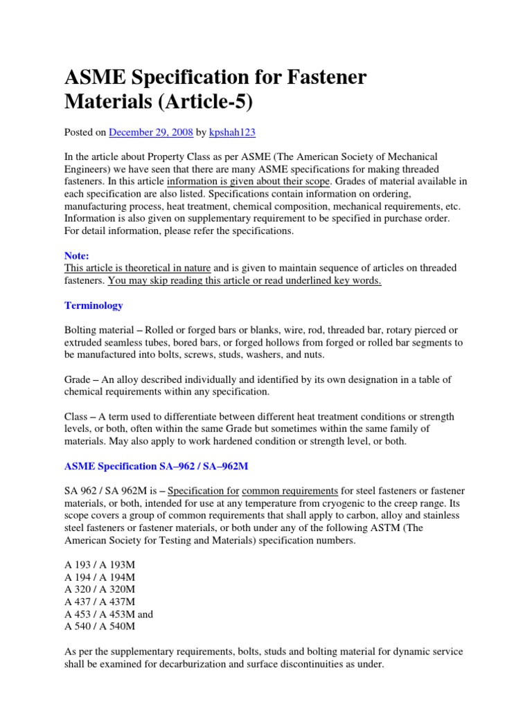 ASME Specification For Fastener Materials | PDF | Screw | Stainless Steel