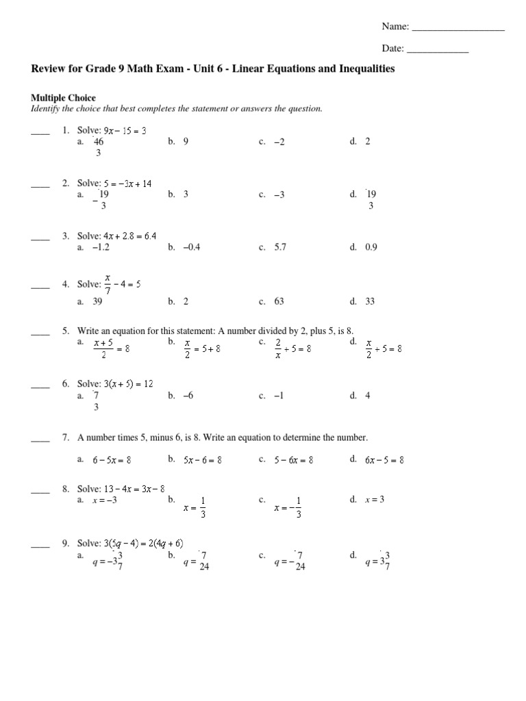 Unit 6 Review-Linear Equations and Inequalities | PDF | Inequality ...