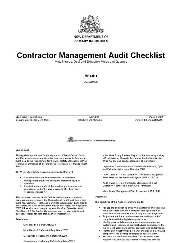 MEX 011 Contractor Management Audit Checklist | PDF | Occupational ...