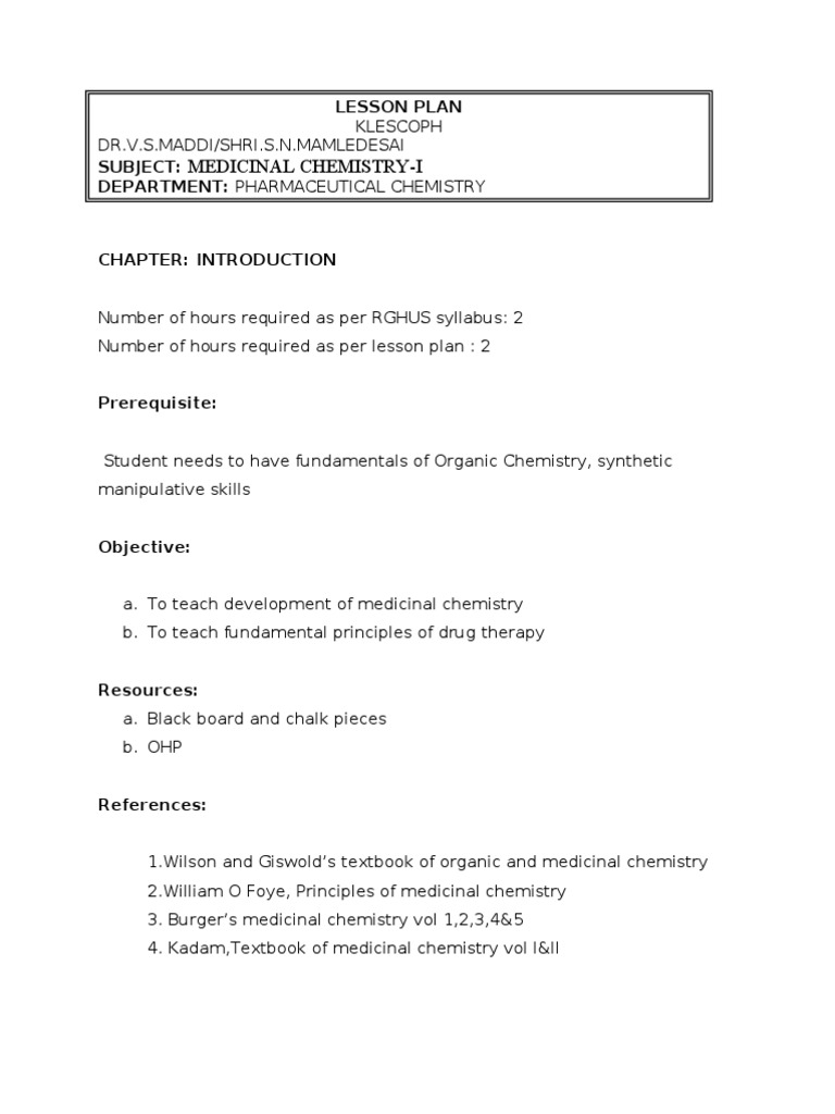 MC I Lesson Plan SRD | PDF | Drug Metabolism | Medicinal Chemistry