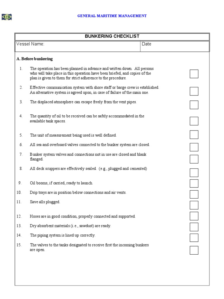 OP146 Bunkering Checklist | Fuel Oil | Valve