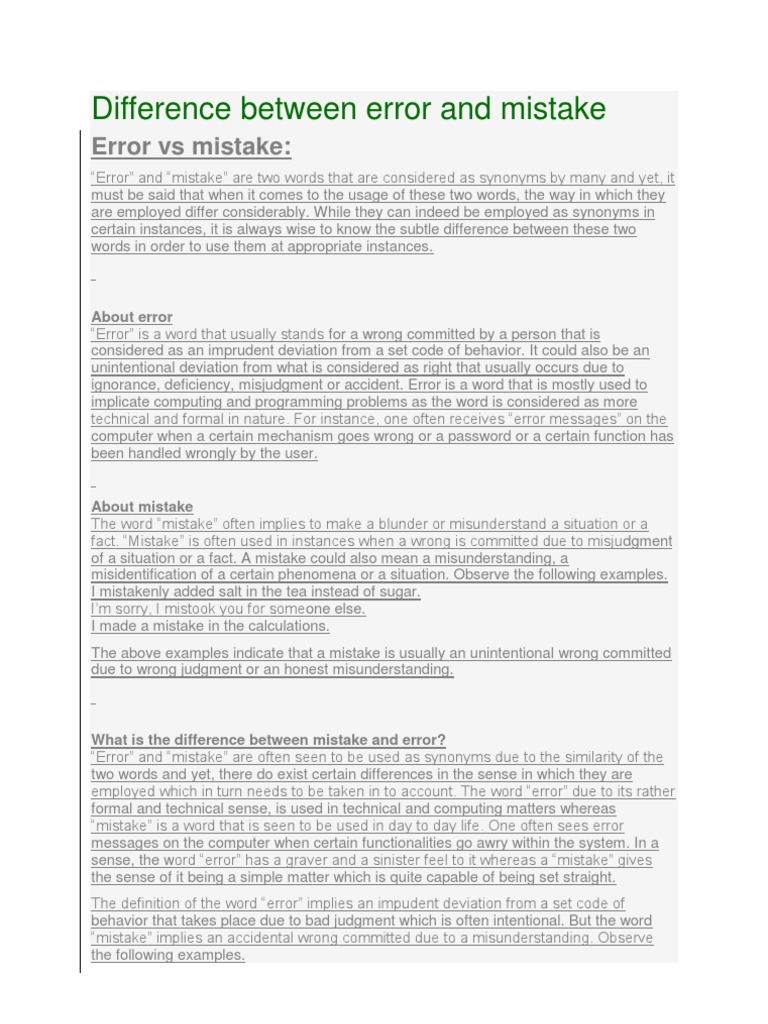 Difference Between Error and Mistake | PDF | Error | Cognitive Science