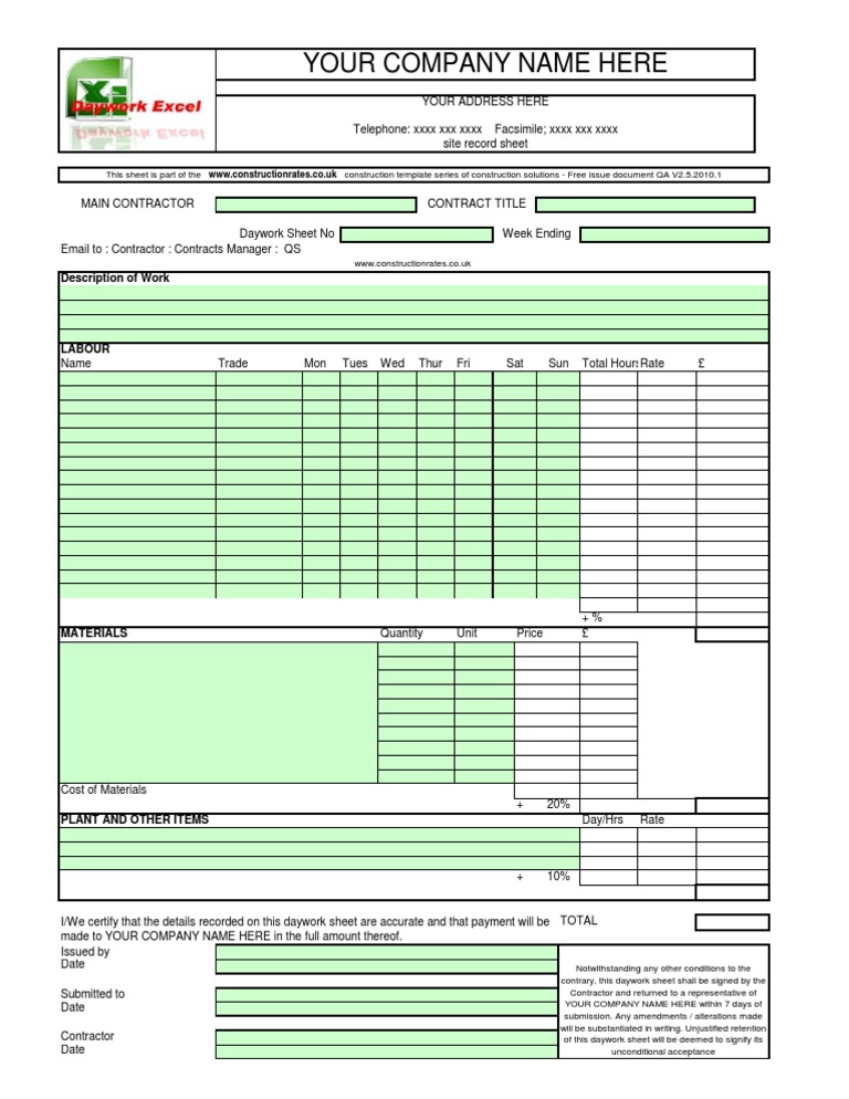 Daywork Sheet | PDF | Law | Technology & Engineering