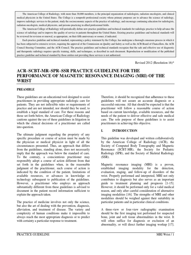 ACR Guideline for MRI of the Wrist | PDF | Magnetic Resonance Imaging ...