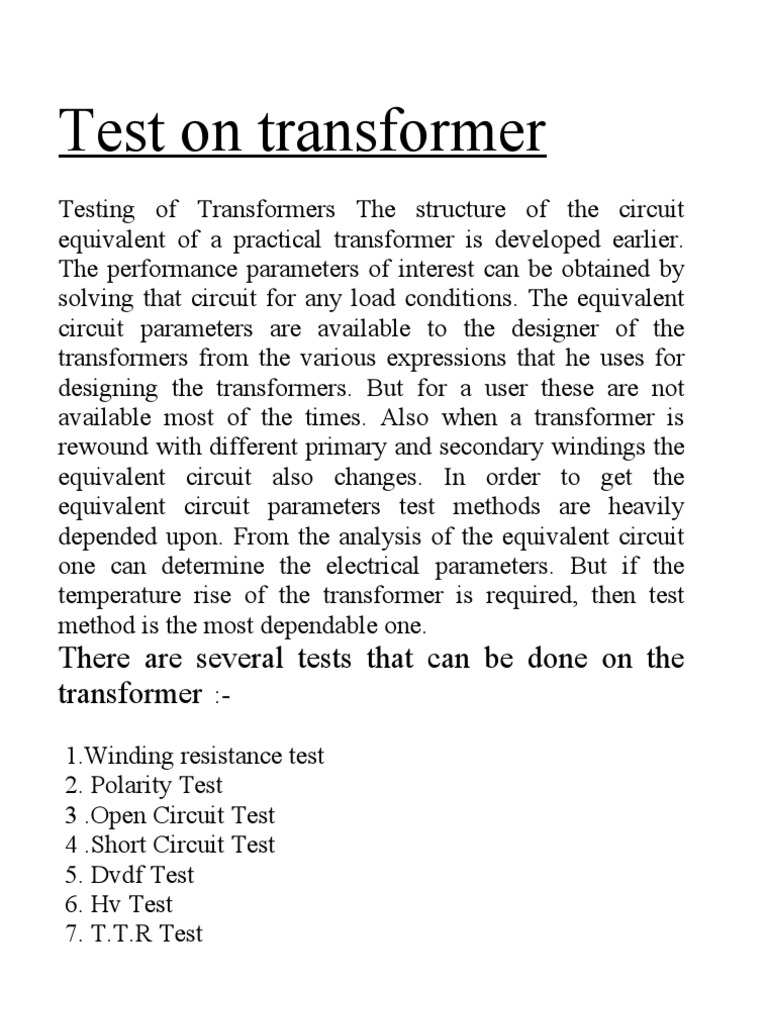 Test On Transformer | PDF | Transformer | Electrical Impedance