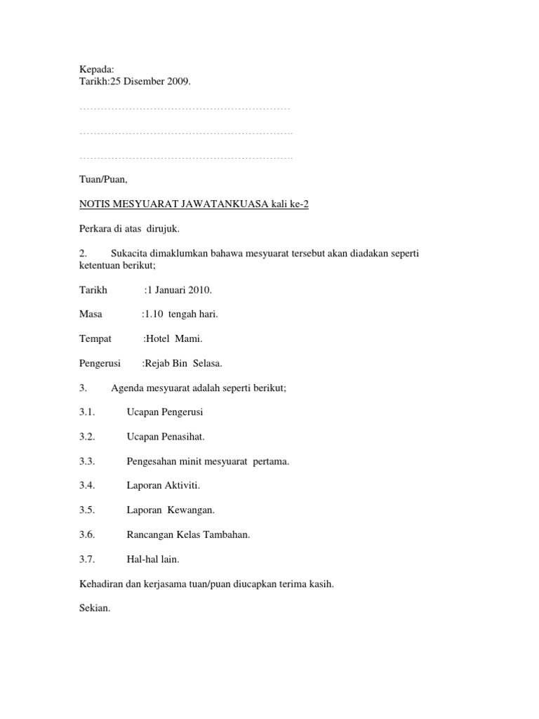 Contoh Notis Mesyuarat | PDF