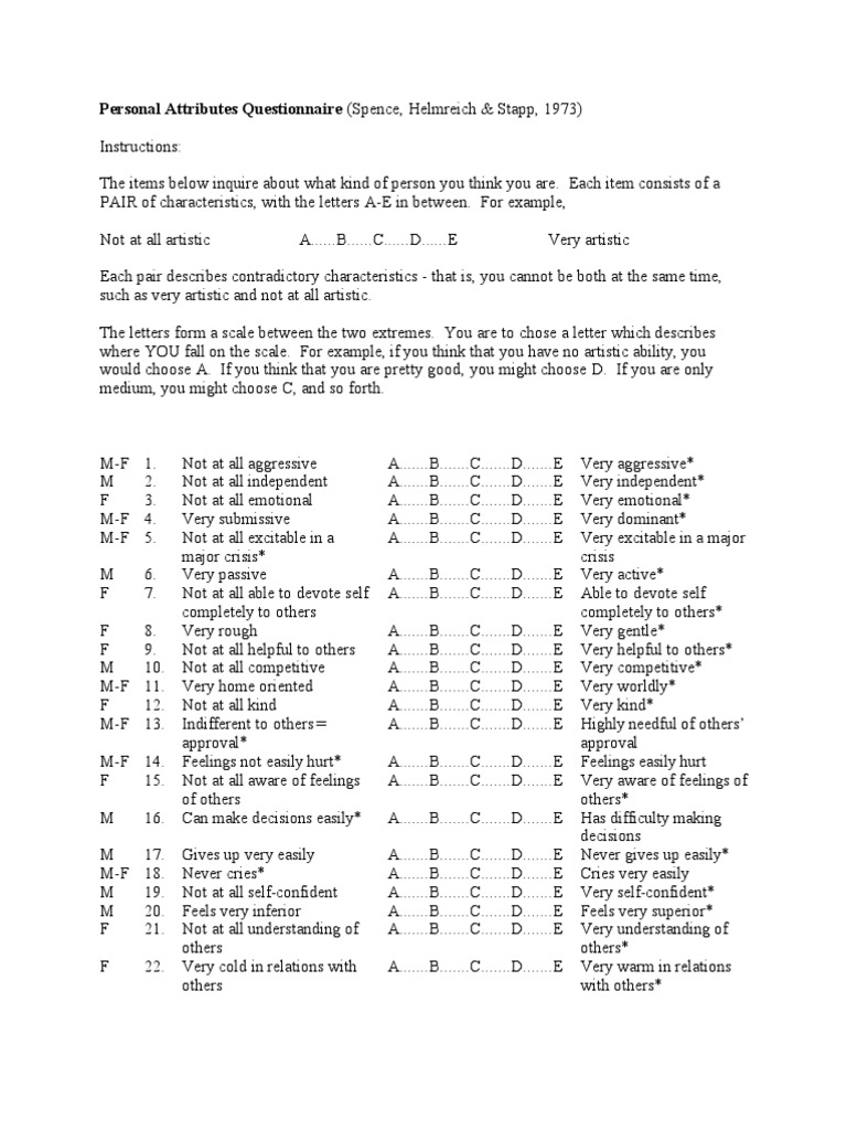 Personal Attribute Questionnaire- 24 Item Version | Action (Philosophy ...